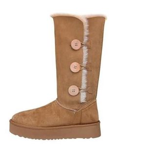 Generic JJDFW Chaussures pour femme mi-mollet Bottes de neige chaudes pour femme Boutons Bout rond Plat avec plateforme Chaussures dext&eacute;rieur pour femme, kaki