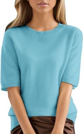 Generic Haut classique &agrave; col rond et manches courtes en tricot doux extensible l&eacute;ger pour femme Style d&eacute;contract&eacute;, bleu clair, XXL