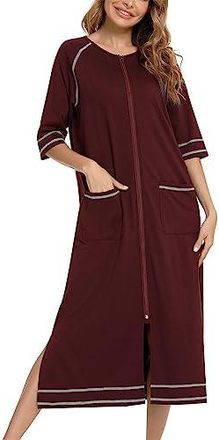 Generic Robe de nuit en coton 100 % coton pour femme - Confortable et décontracté - Pyjama ample à manches 3/4 - Chemise de nuit en coton, Rouge, XXL