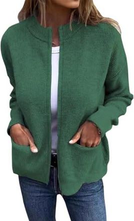 Generic Veste tricot&eacute;e &agrave; col rond avec poches, pull &agrave; fermeture &eacute;clair solide pour femme, cardigan en tricot zipp&eacute; ouvert sur le devant, Vert, XXL