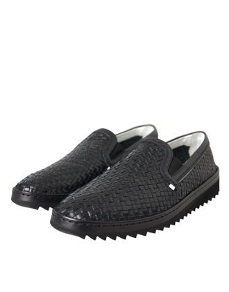 Dolce & Gabbana Black Woven Buffalo Leather Men Loafers Shoes Calfskin