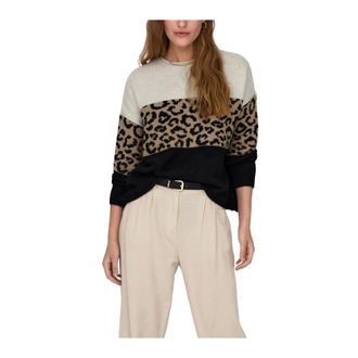 Only Only - Tricot Imprim&eacute; L&eacute;opard &agrave; Manches Longues et Col Rond - Femme - Pulls - Beige - Taille: 42 FR
