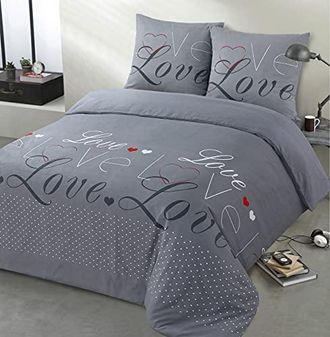 Vision Streetwear Parure de lit Flanelle - Love Gris - Housse de Couette 260 x 240cm avec 2 taies Assorties 65x65cm pour lit 2 Personnes Kingsize - Flanelle: Doux et Ch