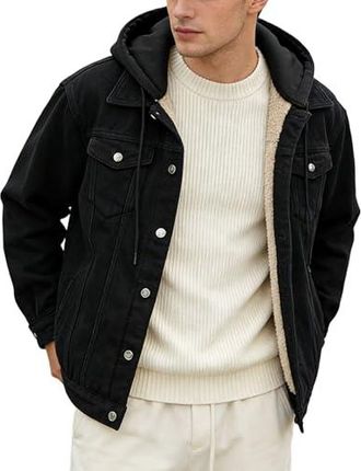 Generic Denim Jacket for Men Sherpa Lined Denim Jackets Warm Casual Fleece Hoodie Winter Outerwear Black Heavy 3X Large