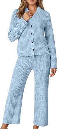 Generico Pyjama long pour femme en tricot c&ocirc;tel&eacute; 2 pi&egrave;ces avec t-shirts longs et pantalon de pyjama confortable et doux, bleu clair, XXL