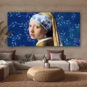 MuchoWow Leinwand Bilder, Einzigartige Wanddeko mit Rahmen, Mädchen mit Perlenohrring - Delfter Blau - Vermeer - Blumen - Gemälde - Alte Meister, Wandbilder Wo