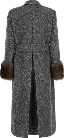 Valentino Chevron Wool with Fur Cuffs Coat - Gray