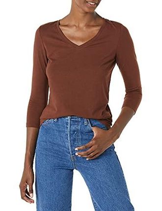 Amazon Essentials T-Shirt à Manches 3/4, Col en V, Coupe Classique (Disponible en Grande Taille) Femme, Chocolat, XXL