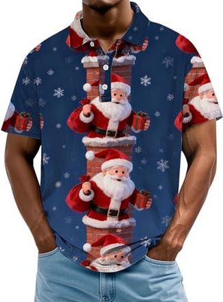 Generic Polo de No&euml;l d&eacute;contract&eacute; &agrave; manches courtes pour homme, motif P&egrave;re No&euml;l, bonhomme de neige, coupe ample, funky f&ecirc;te, vacances, Z01-bleu., 3XL