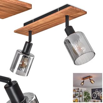 HOFSTEIN Deckenleuchte Aggebu, Deckenlampe aus Metall/Holz/Glas in Schwarz/Natur/Rauchfarben, Leuchte im Retro/Vintage/Industrial-Design mit verstellbaren Schi