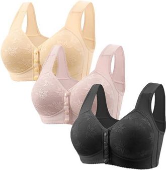 Generic Lot de 3 soutiens-gorge à fermeture avant grande taille, soutien-gorge à armatures en dentelle pour femmes âgées avec bouton sur le devant, sous-vêtem