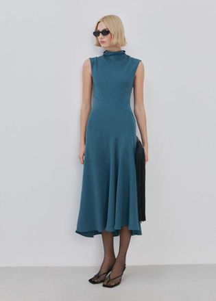 Mango Langes Kleid mit drapiertem Kragen blau - Damen - XS - MANGO
