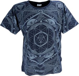 Guru Shop Tibet & Buddhist Art T-Shirt Flower of Life Mandala Stonewash T-shirt en coton imprim&eacute; pour homme V&ecirc;tements alternatifs, Noir, S