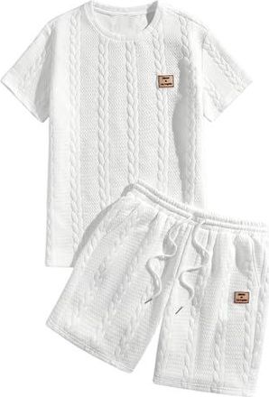 Floerns Ensemble 2 pièces pour homme en tricot torsadé avec t-shirt et short à col rond, blanc, Small