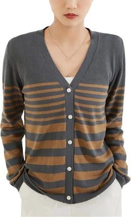 Generic Cardigan dhiver en tricot 100 % coton pour femme avec col en V ray&eacute; couleur contrast&eacute;e, Rayures gris camel, Taille L