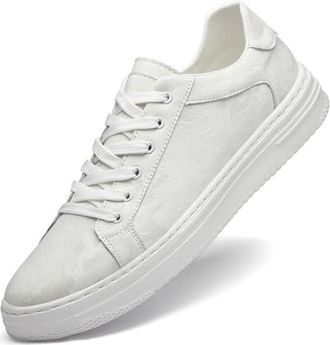 Generic Baskets tendance en cuir v&eacute;ritable pour homme - Style simple - Bout rond - Lacets - Chaussures d&eacute;contract&eacute;es confortables et classiques pour homme, bl