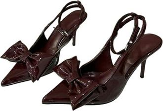 Generic YUJIEBB Escarpins &agrave; talons hauts avec sangle de cheville pour femme en cuir verni avec noeud et bout pointu, rouge vin, 40.5 EU