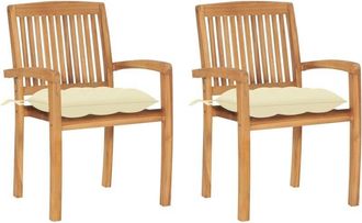 vidaXL Chaises de jardin lot de 2 et coussins blanc crème Bois de teck Vidaxl