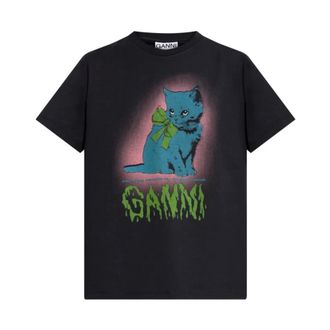 Ganni Femme, Tops, Noir, Taille: 36 FR Basic Cotton Jersey Neon Kitty T-Shirt Phantom 252
