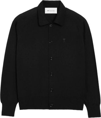 Ami Homme, Pulls, Noir, Taille: XS Polo Collar Chest Embroidered Cardigan
