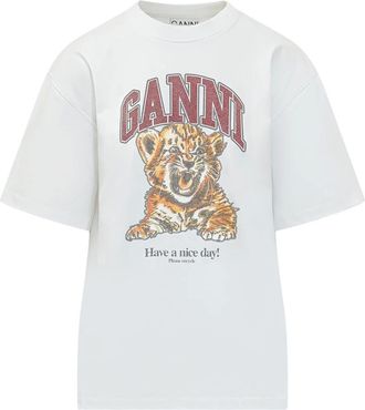 Ganni Femme, Tops, Blanc, Taille: 36 FR Beaded Tiger T-shirt