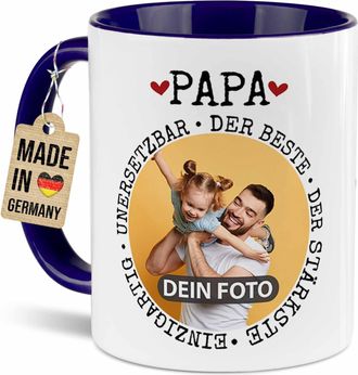 Tassendruck Personalisierte Tasse mit Name - Synonyme für Papa - Geschenk zum Vatertag, Geburtstag - Keramik, 300 ml, Innen & Henkel Dunkelblau