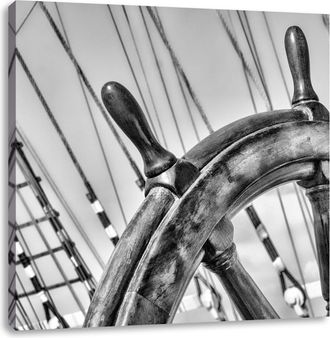 Pixxprint Steuerrad auf dem Schiff 70x70cm Wandbild Kunstdruck, Leinwandbild Quadratisch, Wandbild, Kunstdruck, fertig bespannt