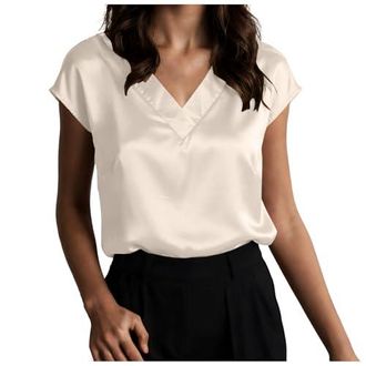 Generic Blouse Satin avec Brillance Femme Chic Et &eacute;l&eacute;gant Soir&eacute;e Chemise Manches Courtes Col en Rond Chemisier Grande Taille Printemps Fashion Casual C&eacute;r&eacute;moni