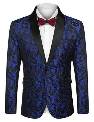 Coofandy Coofandy Blazer pour Homme, Coupe ajust&eacute;e, Motif Cachemire Floral, Bouton Unique - Bleu - L