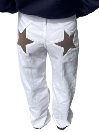 ORANDESIGNE Jean Baggy Femme Pantalon en Denim Imprimé Vintage Jambe Droite Y2K Streetwear