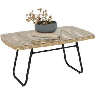 OUTSUNNY Table dappoint de jardin - Outsunny - r&eacute;sine tress&eacute;e - plateau en verre tremp&eacute; - structure en acier - 90x50x45cm - naturel