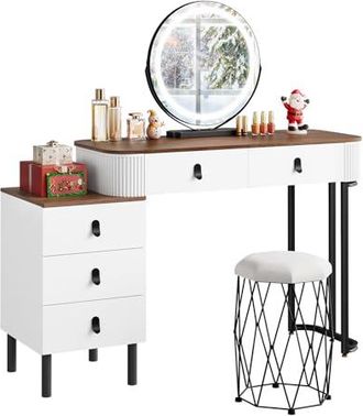 Woltu Coiffeuse avec Miroir LED R&eacute;glable, Coiffeuse avec 2 Tiroirs et 1 Commode, Miroir Pivotant et Amovible, Effet de Bois Marron orang&eacute;