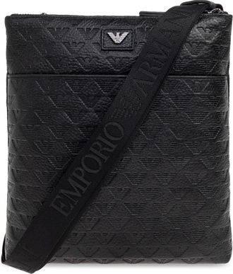 Emporio Armani Homme, Sacs, Noir, Taille: ONE Size Sac Bandouli&egrave;re Plat en Cuir avec Aigle Gaufr&eacute; All-Over