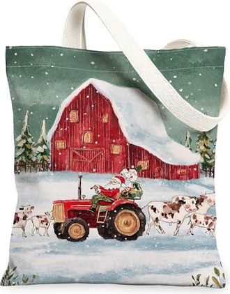 Generic Sac fourre-tout en toile de la ferme de No&euml;l, motif grange rustique et tracteur, fourre-tout dhiver vintage lavable pour le shopping, le pique-nique, 