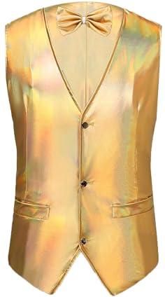 Generic Gilet de travail brillant pour homme - Gilet disco brillant &agrave; simple boutonnage avec double poche noeud papillon - Coupe ajust&eacute;e - Confortable - Class