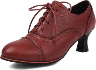 Generic Chaussures Oxford Vintage Femme Talon Moyen Bout Rond Lacets avec D&eacute;cor Brogue Perfor&eacute; Cuir PU pour Bureau, Quotidien, Soir&eacute;e Et Tenue D&eacute;contract&eacute;e,Ro