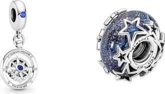 Pandora Charm Anhänger Kompass Silber, Kristall blau 790099C01 & Charm Murano-Glas Moments Sterne Silber, blau 790015C00