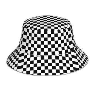 Generic Chapeau De Seau Unisexe Image en Damier Noir Et Blanc Dr&ocirc;le Seau Chapeau &Agrave; Large Bord Pliable Bonnet Soleil, pour Plage, La Randonn&eacute;e, De P&ecirc;che, 56-58
