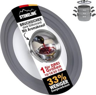 STONELINE Couvercle en Verre Multifonctionnel 16/18/20 cm, avec Bord en Silicone et Pommeau fonction Aromatique, 3 Tailles, Couvercle pour Po&ecirc;les et Casseroles 