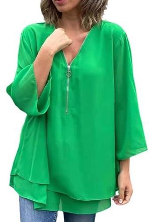 FNKDOR Casual Pull Shirt Femme Col en V Profond Zipp&eacute;e Sweatshirts D&eacute;contract&eacute;e Mousseline T-Shirt Couleur Unie Tunique Tops L&acirc;ch&eacute; Blouses &agrave; Manches 3/4(Vert