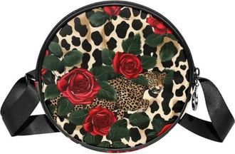 Generic Petit sac &agrave; bandouli&egrave;re rond pour femme, motif l&eacute;opard roses, sac &agrave; dos &agrave; bandouli&egrave;re r&eacute;glable, sac &agrave; main rond d&eacute;contract&eacute; pour femmes et filles