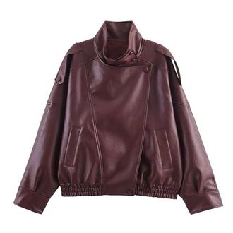 Generic Veste bomber surdimensionn&eacute;e en cuir synth&eacute;tique pour femme Col haut Fermeture &eacute;clair Ourlet &eacute;lastique, Vin fonc&eacute;., S