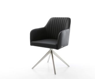 DELIFE Drehstuhl Greg-Flex Echt-Leder Schwarz Kreuzgestell breit Edelstahl 360&deg; drehbar Wippfunktion Taschenfederkern, Esszimmerst&uuml;hle