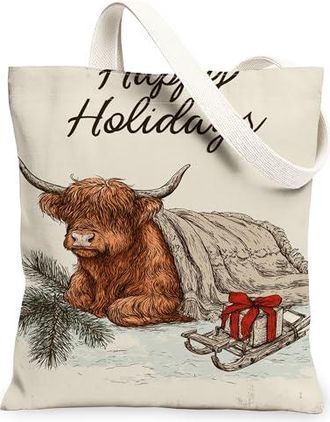 Generic Sacs fourre-tout en toile de vache des Highlands, sacs d&eacute;picerie r&eacute;utilisables, sacs d&eacute;picerie r&eacute;utilisables, vintage dhiver, bandouli&egrave;re lavable en t