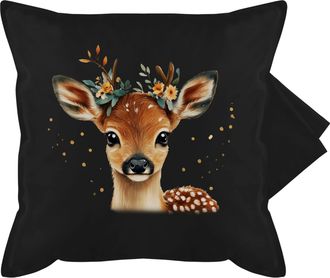 Shirtracer Kissenbezug - Kissen - S&uuml;&szlig;es Reh mit Blumen Tracht Hirsch Geschenke Waldtier Geschenk Rehkitz I Volksfest - 50 x 50 cm - Schwarz - hirschmotiv kopfkis