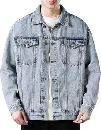 Generic Veste en jean pour homme, veste en jean &agrave; poches multiples, m&eacute;lange de coton, lavable machine, v&ecirc;tement dext&eacute;rieur d&eacute;contract&eacute;, bleu clair, taille S