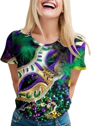 Generic Costume de carnaval pour femme Mardi Gras ras du cou T-shirt r&eacute;tro &agrave; paillettes col rond T-shirts de c&eacute;l&eacute;brations Teen d&eacute;contract&eacute; Festival Rave V&ecirc;tem