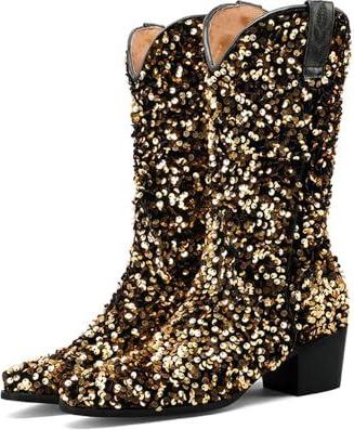 Generic Bottes de cowgirl occidentales &agrave; paillettes scintillantes &agrave; bout pointu et gros talons mi-mollet &agrave; enfiler pour f&ecirc;te de mariage, dor&eacute;, 37.5 EU