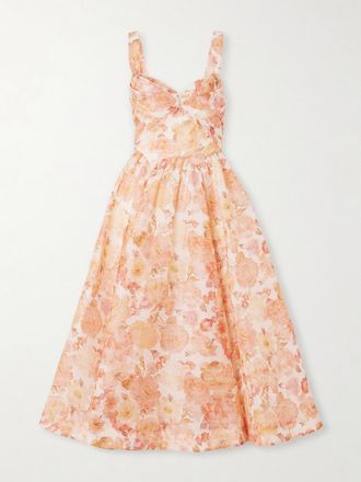 Zimmermann Robe Midi En Lin Et Soie M&eacute;lang&eacute;s &Agrave; Imprim&eacute; Fleuri Rebellion - Orange