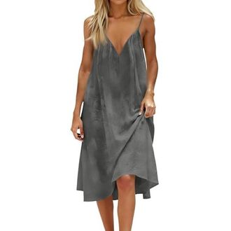 Generic Robe de plage pour femme - Robe d&eacute;t&eacute; mi-longue &agrave; bretelles spaghetti - Col en V - Dos profond - D&eacute;contract&eacute;e - M&eacute;lange de coton doux - Robe d&eacute;t&eacute; fluid